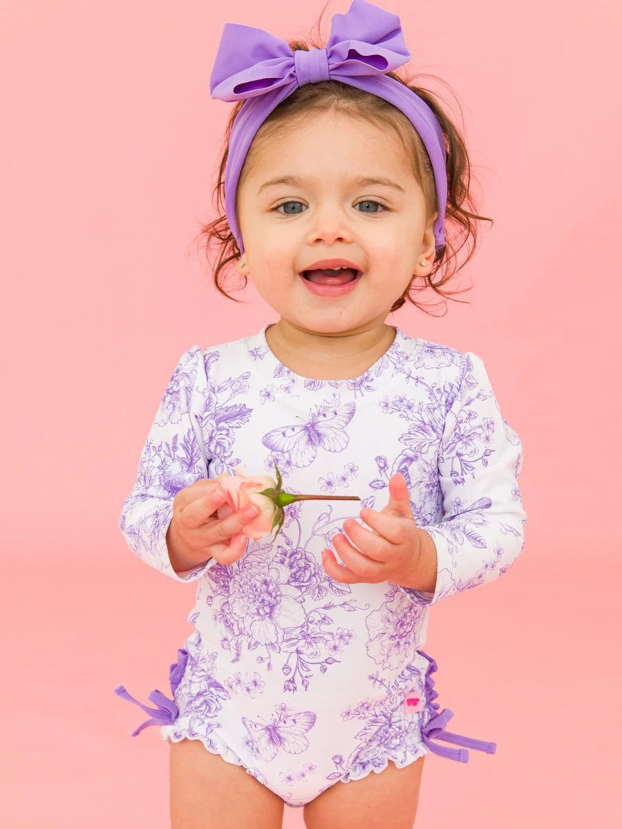 Rufflebutts 1Pc Wisteria Purple Butterfly Garden Toile L/S Swimsuit ...