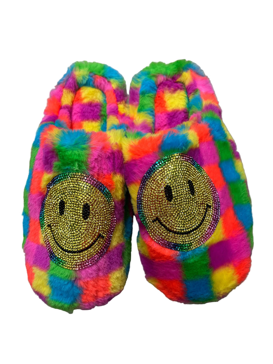 Rainbow Checkered Sparkly Smiley Face Slippers – Olly-Olly